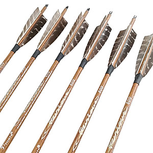 Pinals Traditional Archery Hunting Arrows 400 500 600 Spine Turkey Feather 30 32 Inch Carbon Shafts for Recurve Longbow Compound Bows Targets 12PCS 400