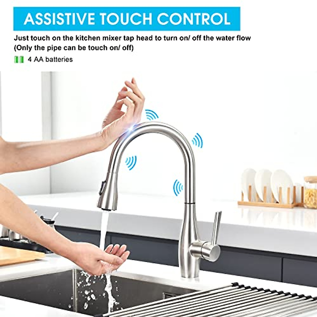 CREA Touch Kitchen Faucet with Pull Out Sprayer, Touch-on Activated Kitchen Sink Faucet Single Handle RV Uitility Laundry Outdoor Faucet with Deck Plate
