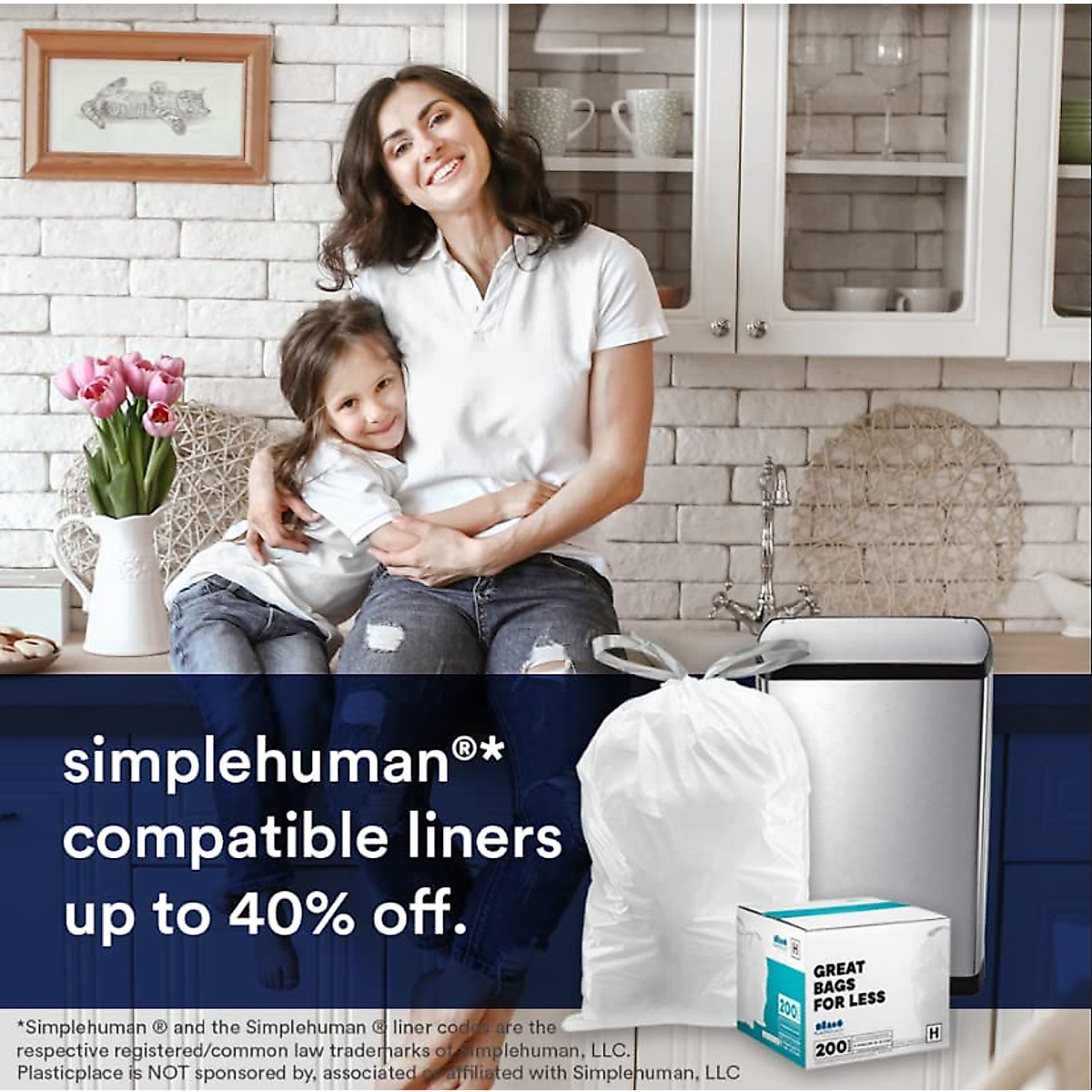 Plasticplace Trash Bags simplehuman (x) Code J Compatible Packs │White Drawstring Garbage Liners 10-10.5 Gallon / 38-40 Liter │ 21'' x 28'' (20 Count/5 Pack)
