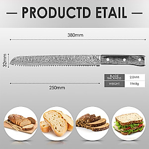 Bread Knife, 10inch Multifunction Serrated Knife, VG10 Damascus Steel Bread Cutting Knife for Homemade Bread, Razor Sharp Edge for Efficient Slicing Sourdough Bread, Bagels, Cake