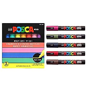 UNI Posca Medium Character Round core 7 Colors Set (PC-5M 7C) + Medium Character Round core Fuchsia (PC5M.11), Khaki green (PC5M.7), Navy blue (PC5M.9), Dark red (PC5M.14), Dark brown (PC5M.22),
