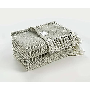 LANE LINEN Super Soft Throw Blanket for Couch & Bed - Classic Herringbone Weave with Tassel Cotton Lightweight Breathable Durable Cozy Warm – Pack of 2 50”x70” Sage Green