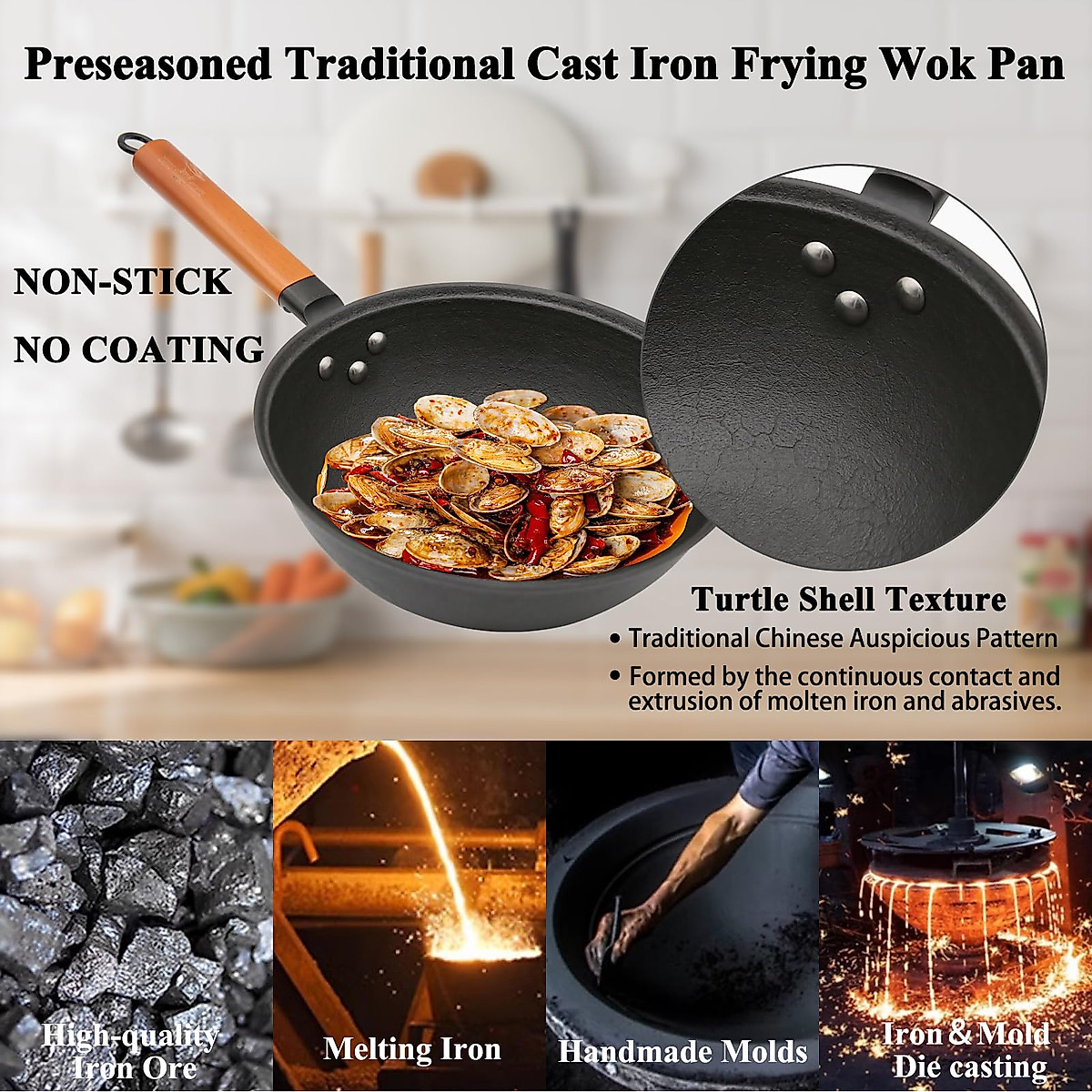 Nonstick Frying Wok Pan Hybrid, 10 Inch Preseasoned Deep Stir Fry Pan Skillet with Glass Lid, Traditional Chinese Cast Iron Wok, No Coated Saucepan for Induction, Electric, Gas, Grill Stoves