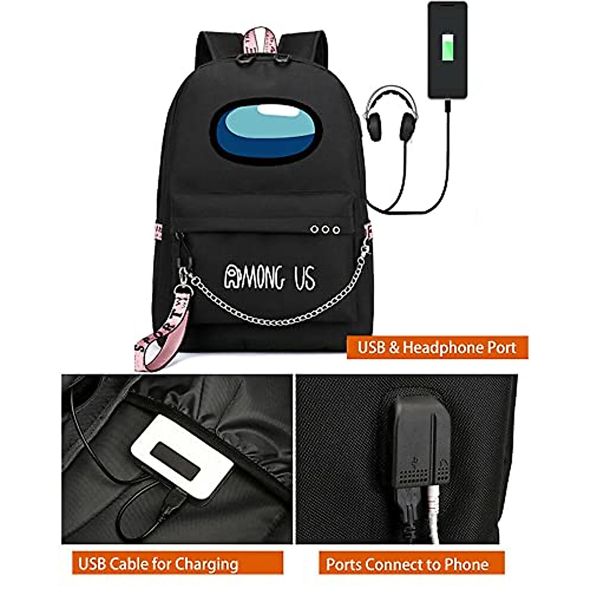 ChamZA Classic Us Backpack Unisex Bookbag w USB & Headphone Ports & Cables High-Capacity Book Bags for Boys Girls Comfortable Stylish Adults' Daypack (Pink), 17.7x 5.9 X 12.6 inch