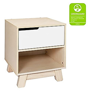Babyletto Hudson Nightstand with USB Port in Washed Natural and White, 1 Drawer and Storage Cubby
