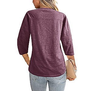 Dailiup Women's Casual 3/4 Sleeve T-Shirts Loose Round Neck Cute Tunic Tops Basic Tees Blouses Wine Red