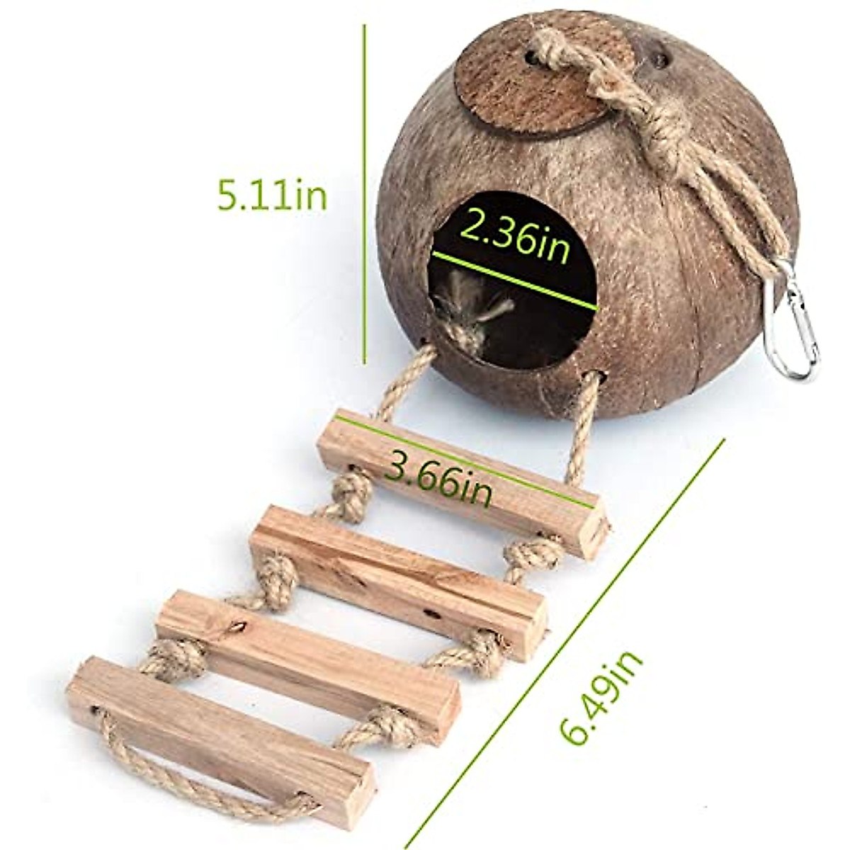 Hermit Crab Coconut Husk Hut with Ladder, Durable Cave Habitat with Hanging Loop for Gecko, Reptiles, Amphibians and Small Animals, 5” Diameter, 2.5” Opening