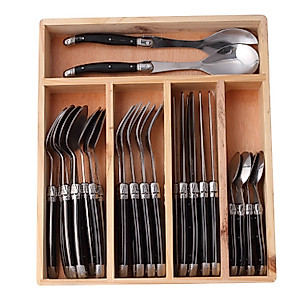 Laguiole By FlyingColors Stainless Steel Flatware Set. Black Color Handle, Wooden Storage Box, 34 Pieces