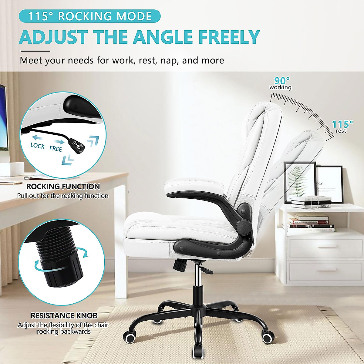 BestEra Office Chair, Executive Leather Chair Home Office Desk Chairs, Ergonomic Computer Desk Chair with Adjustable Flip-Up Arms, Lumber Support Swivel Task Chair with Rocking Function (White)