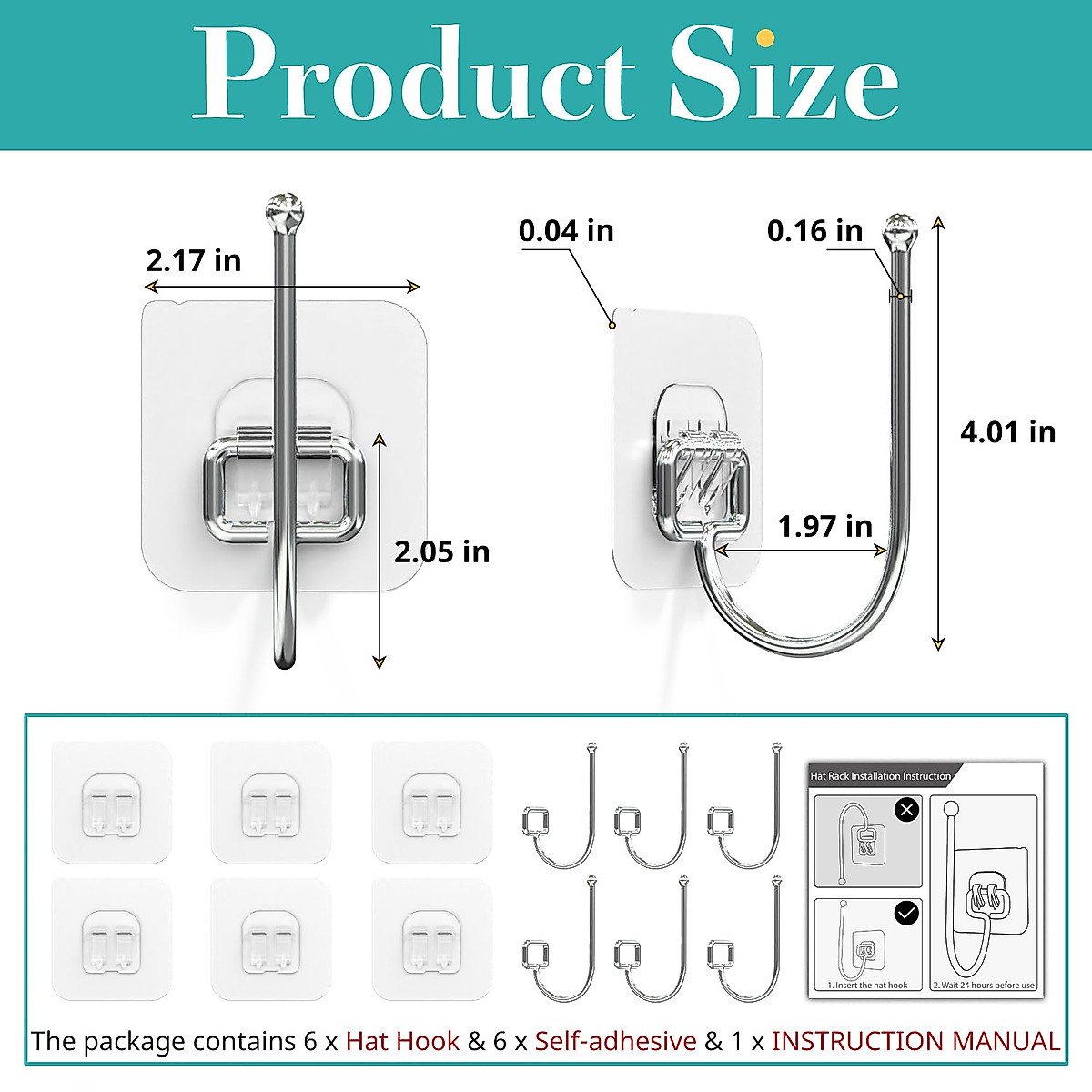 6 Pack Hat Racks for Baseball Caps Wall, Stainless Steel Hat Organizer for Baseball Caps, Hat Storage for Baseball Caps, Hat Hooks Hat Hanger Strong Adhesive/Wall Drilled for Door, Bedroom, Closet