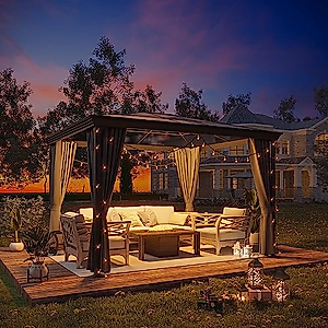 LATTOY 10x12ft Permanent Hardtop Gazebo, Outdoor Galvanized Steel Double Roof Pavilion Pergola Canopy with Aluminum Frame and Privacy Curtains for Garden Patio,Patio Backyard,Deck and Lawns