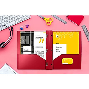 Better Office Products Red Plastic 2 Pocket Folders with Prongs, Heavyweight, Letter Size Poly Folders, 24 Pack, with 3 Metal Prongs Fastener Clips, Red