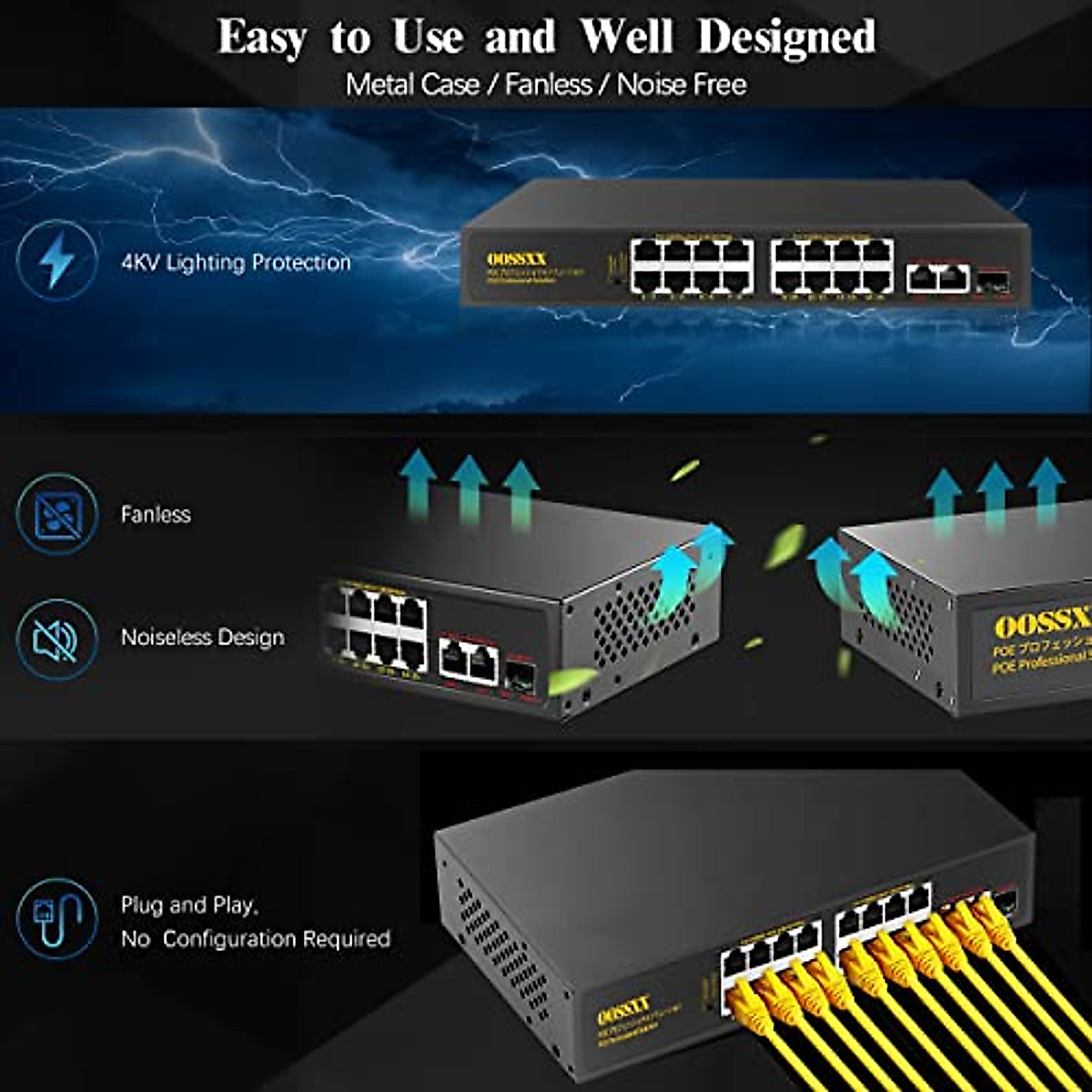 16 Port 100Mbps PoE+/ 2 Giga Up-Link Ports/ 1 Fiber SFP Port, 802.3af/at Unmanaged 300W Built-in Power, Extend Function, Metal, 19" Plug and Play
