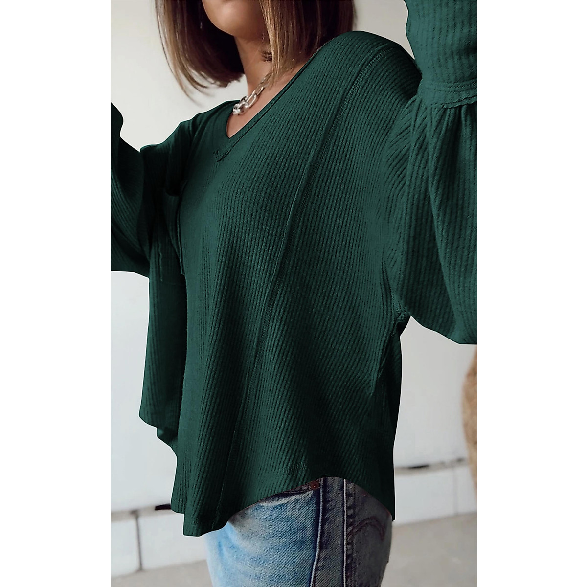 BTFBM Women's Ribbed Long Sleeve Tops 2025 Summer Spring Pullover Knit Casual V Neck Blouses Trendy Loose Fit Tunic Top(Solid Dark Green, Large)