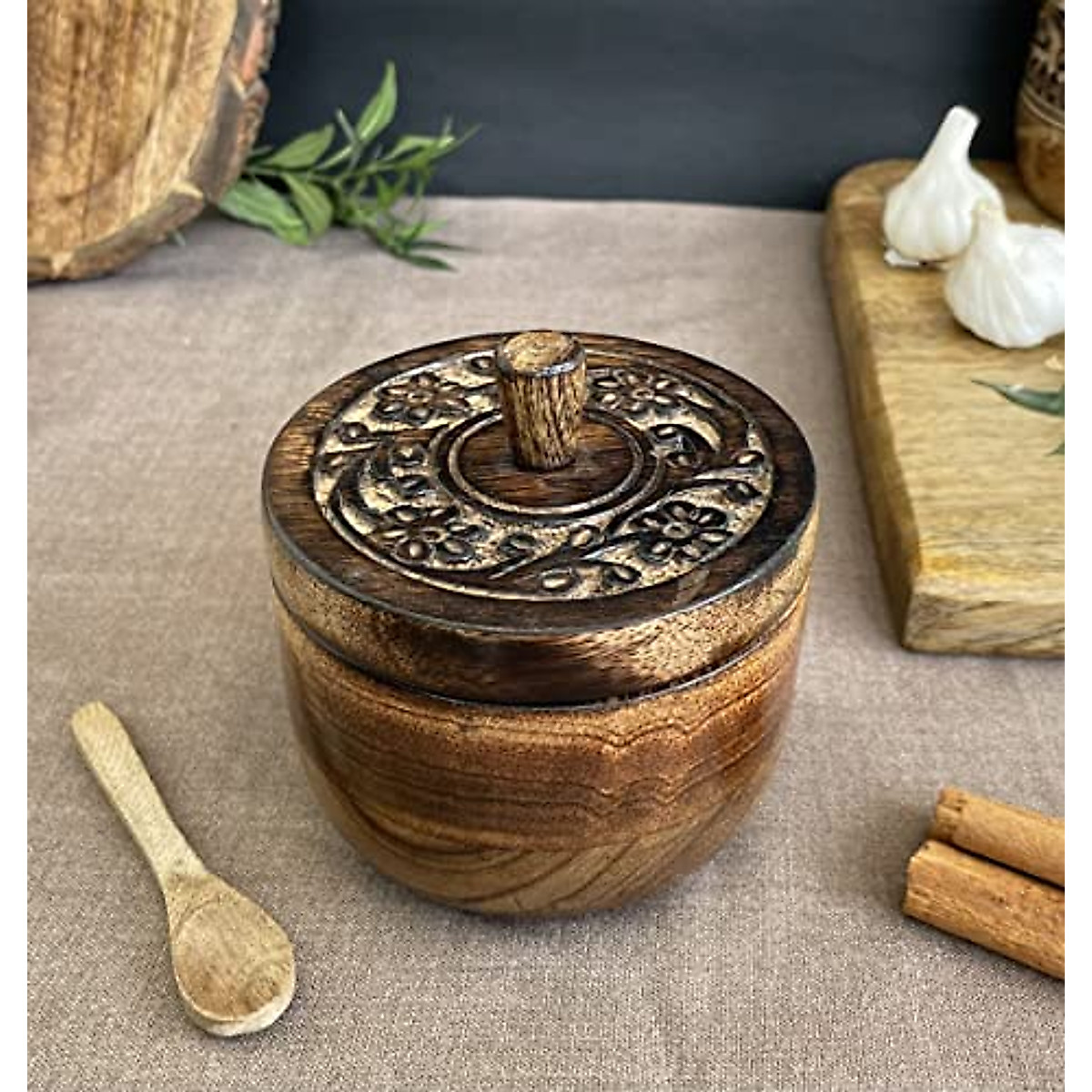 Rustic Salt Box Cellar with Hand Carved Lid & Spoon, Wooden Salt Pinch Bowls | Wood Salt Keeper, Spice Bowls for Cooking | Salt Pepper Tea Sugar Coffee Storage Holder for Kitchen, Mothers Day Gift