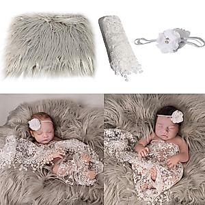3pcs Baby Newborn Photo Props Fluffy Blanket + Wrap + Headband Set Comfortable Newborn Photography Wrap Mat Backdrops Rug for Boys Girls (White)