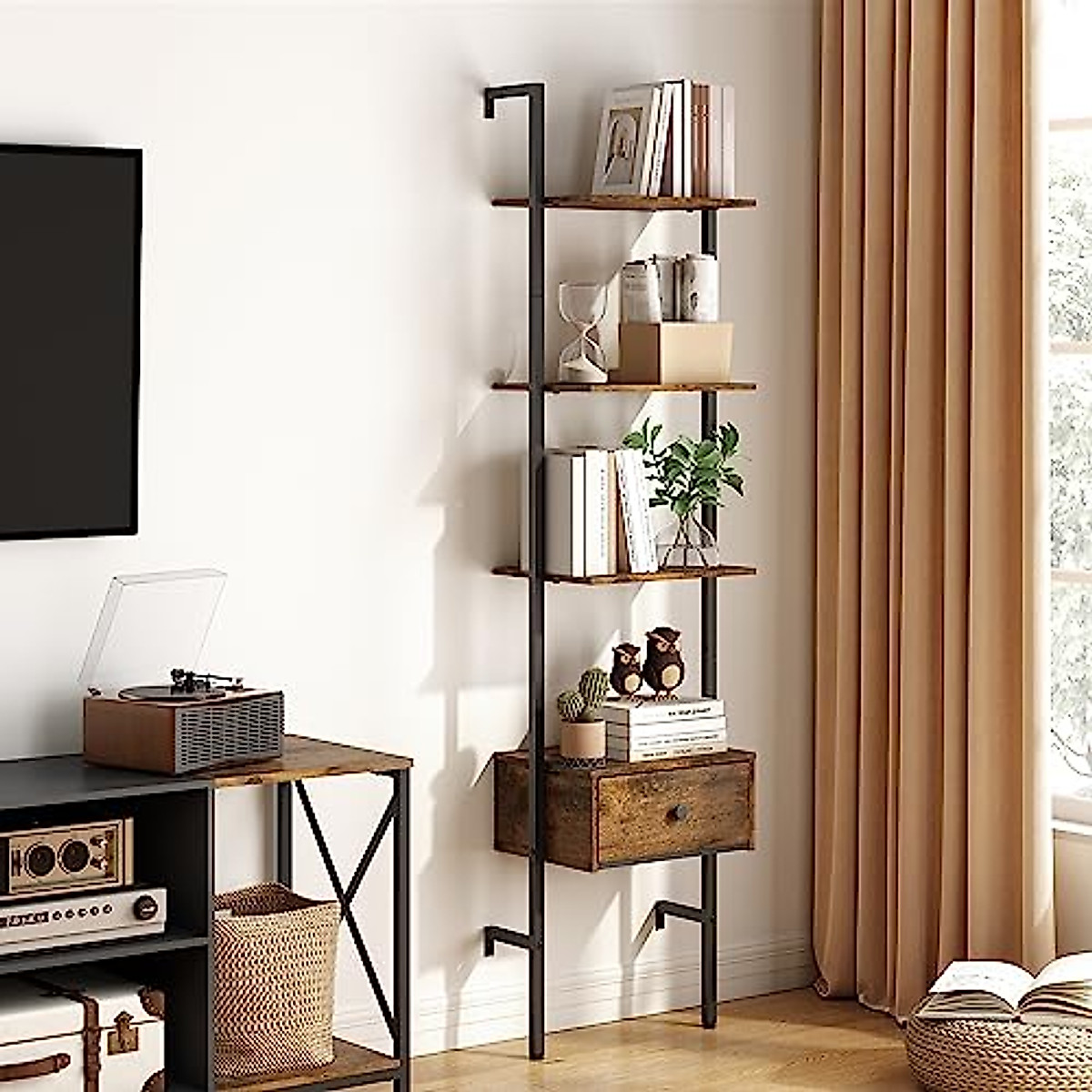 Tajsoon Ladder Shelf, Tall Bookcase with Storage Drawers, 4-Tier Wood Wall Mounted Bookshelf, Open Display Rack, Storage Shelves for Bedroom, Home Office, Collection, Plant Flower, Rustic Brown