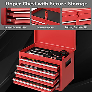 Goplus Rolling Tool Chest, 5-Drawer Tool Box Organizer w/Lockable Wheels & Sliding Drawers & Detachable Top & Adjustable Shelf, Tool Storage Cabinet for Garage Workshop (Red)