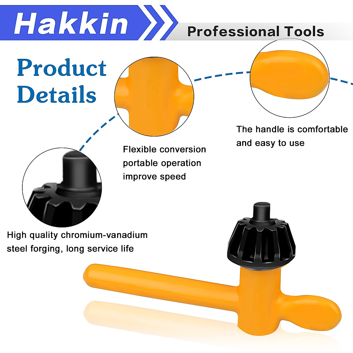 Hakkin 6 Sizes Drill Chuck Key Wrench, 3/4" 5/8" 1/2" 3/8" 1/4" 5/32" Carbon Steel Heavy Duty Thumb Handle Chuck Key, Replacement Drill Chuck Key Wrench, Electric Drill Clamping Tool