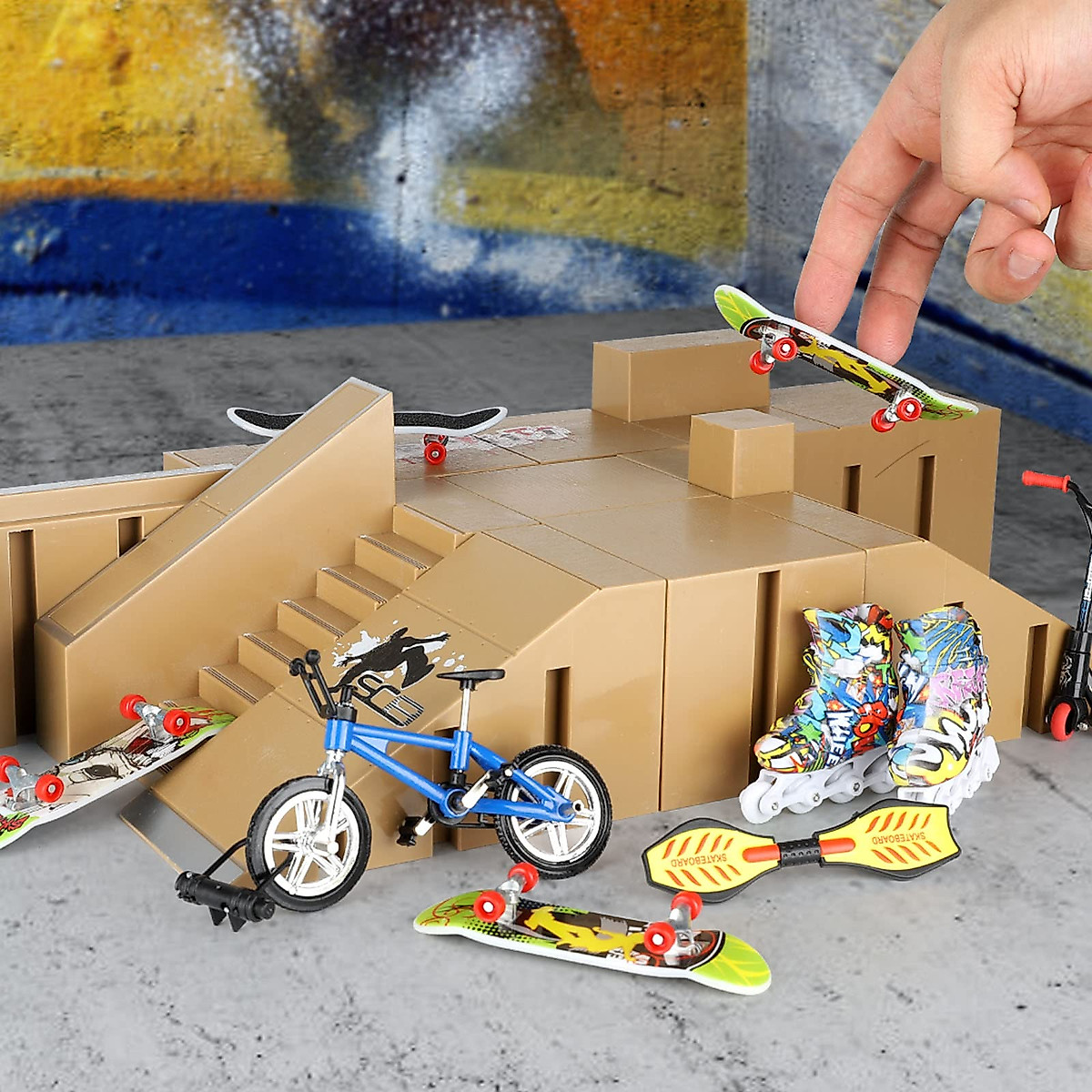 HOMETALL 8Pcs Fingerboard Skatepark Ramps with 9Pcs Mini Toys Set Including Fingerboards, Bike, Scooters, Skate Park for Kids Gift