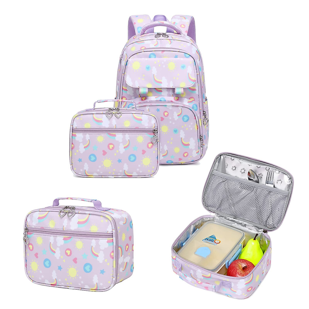 ZHIERNA School Backpack with Lunch Bag for Teen Girls,15.6’’ Laptop Backpacks, 2Pcs Set College Bookbags with Reflective Tape (Black)