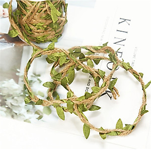 Quluxe 33Ft Natural Jute Twine, 5MM Burlap Leaf Ribbon with Artificial Vine Green Leaves for Garland DIY Crafts Wedding Home Garden- Multicolored