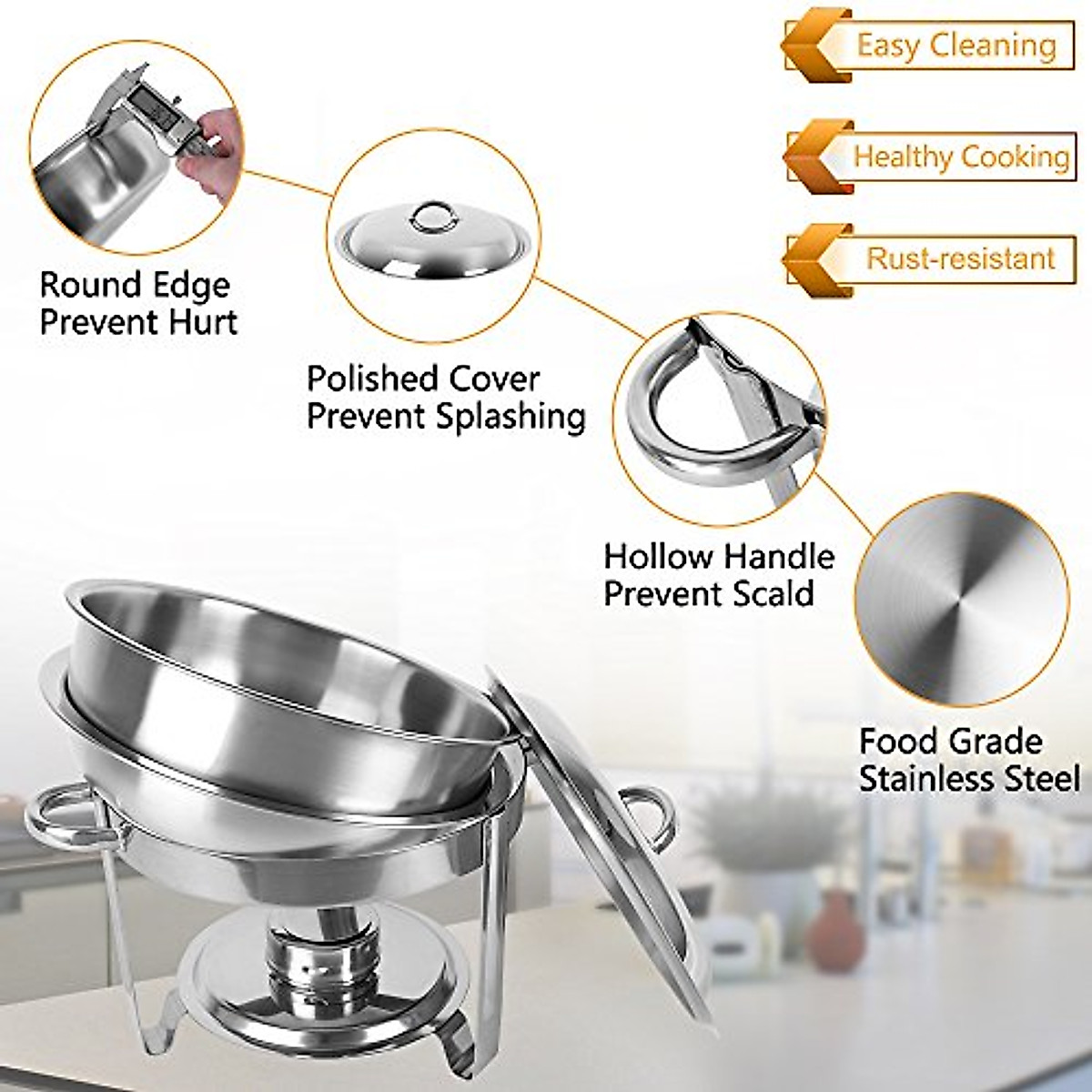 ROSVUN Upgraded Stainless Steel Chafing Dish Buffet Silver Round Catering Warmer Set with Food and Water Trays, Mirror Cover, Thick Stand Frame for Kitchen Party Banquet (2 Round+ 2 Rectangular)