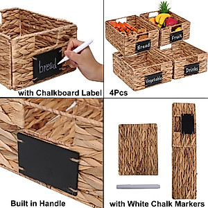 Rectangular Seagrass Baskets Hanging Storage Baskets Kitchen Storage Basket,Foldable Water Hyacinth Basket,Woven Kitchen Organizer with Labels&White Chalk Markers,Set of 4 Pcs,10.8x9x4.9inch