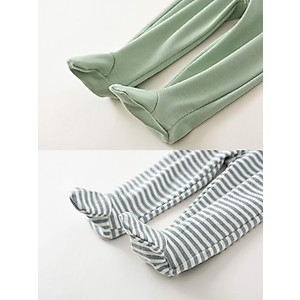 ACESTAR Newborn Infant Baby Boys Girls 3-Pack Cotton High Waist Footed Pants Casual Leggings with Feet 0-3 Months, Green and Green Stripe