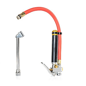 NEIKO 20701A Tire Inflator | 12 Inch | Flexible Air Tire Pressure Gauge | 20 – 120 PSI | 1/4” NPT Offset Dual Head Chuck | Tire Filler with Hose | Aluminum Body and Brass Valves | Stem Valve Caps