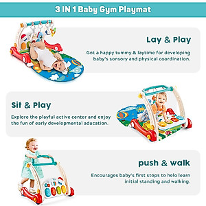 VATOS Baby Play Gym, Baby Learning Walker Activity Gym Mat with Play Piano, 4 in 1 Einstein Play Mat with Musical Lights Rattle Teething Toys, Best Gift for Baby Toddler Infants 3 6 9 12 Months