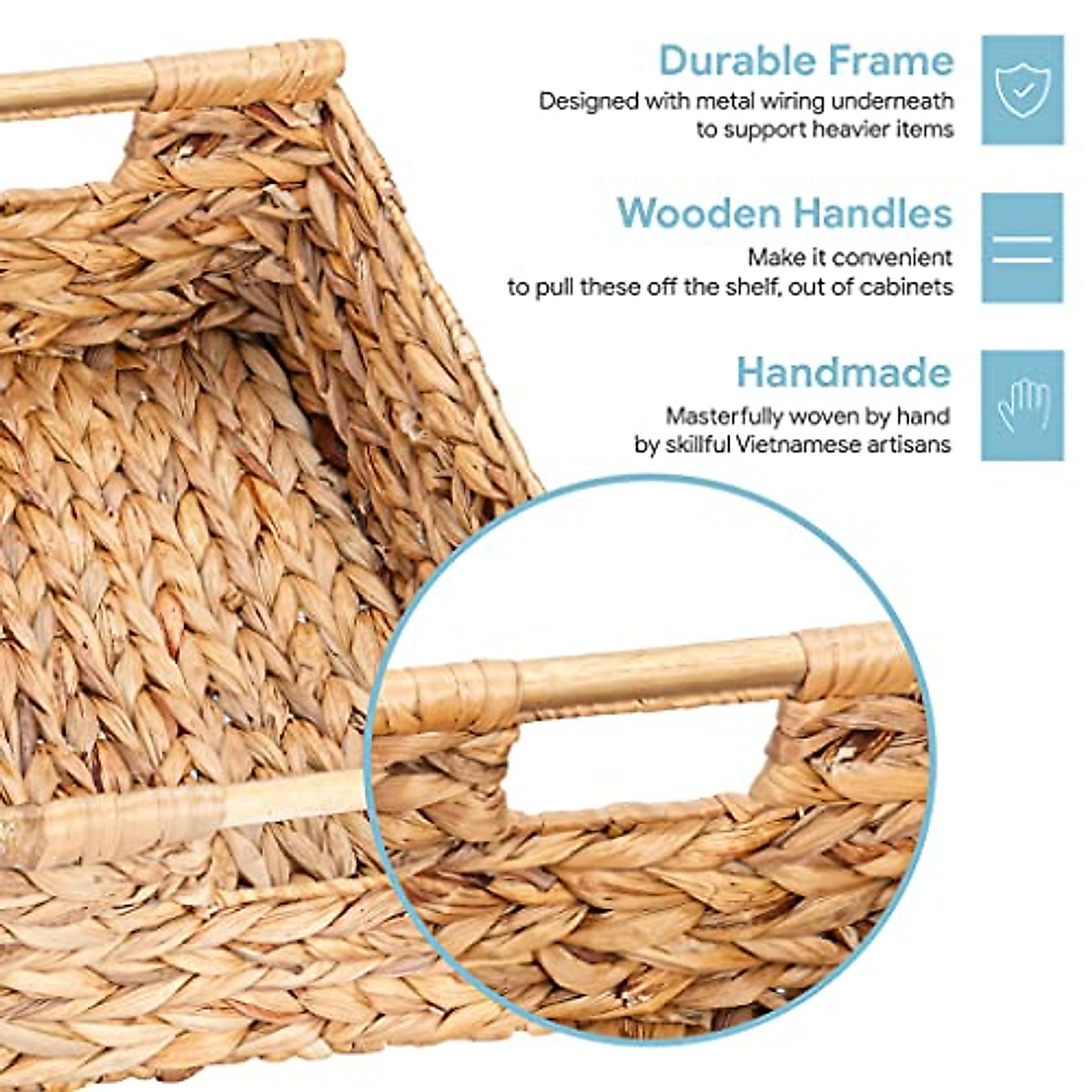 Large Wicker Basket Rectangular with Wooden Handles for Shelves, Water Hyacinth Basket Storage, Natural Baskets for Organizing, Wicker Baskets for Storage 15.5 x 10.8 x 6.2 inches