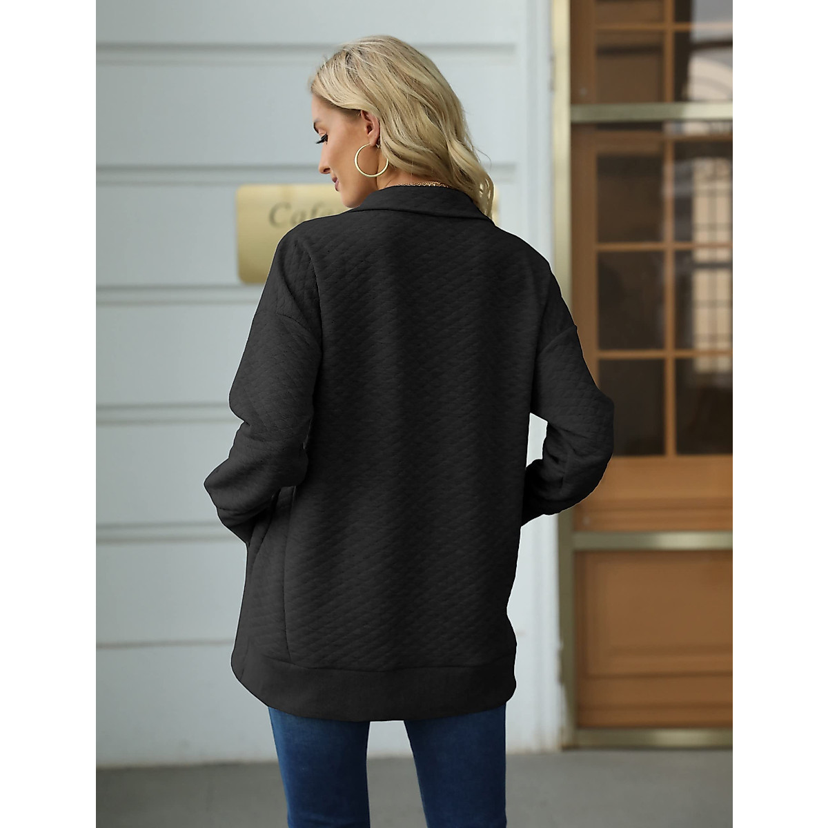 BMJL Women's Long Sleeve Shirts Oversized Casual Sweatshirt Quarter Zip Up Fall Dressy Tops 2022 Loose Half Zip Pullover(Black,L)