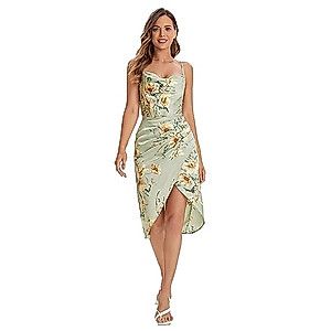 Floerns Women's Floral Print Cowl Neck Ruched Sleeveless Satin Slit Party Dress Green Multi L