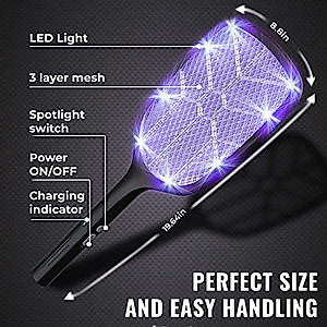 2 in 1 Electric Fly Swatter & Mosquito Killer Lamp with 4000V Effective Powerful Grid, Rechargeable Bug Zapper for Home, Camping, Indoor/Outdoor Pest Control, with Double Safety Mesh, LED Light Black