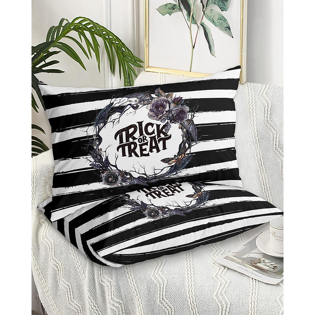 Edwiinsa Halloween Rose Pillow Covers King Standard Set of 2 Bed Pillow, Plush Soft Comfort for Hair/Skin Cooling Pillowcases with Envelop Closure 20x36 Inches Black Geometric Stripes Flower