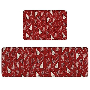 Libaoge Christmas Kitchen Mat Rug Set of 2 Xmas Tree Red Background Runner Rug Anti-Fatigue Comfort Memory Foam Standing Mat Non-Slip Floor Door Mat for Bathroom Bedroom 18x30in+18x48in