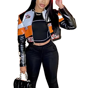 VOIKERDR Leather Jacket Zipper Moto Biker Short Bomber Jacket Women Faux Leather Jacket