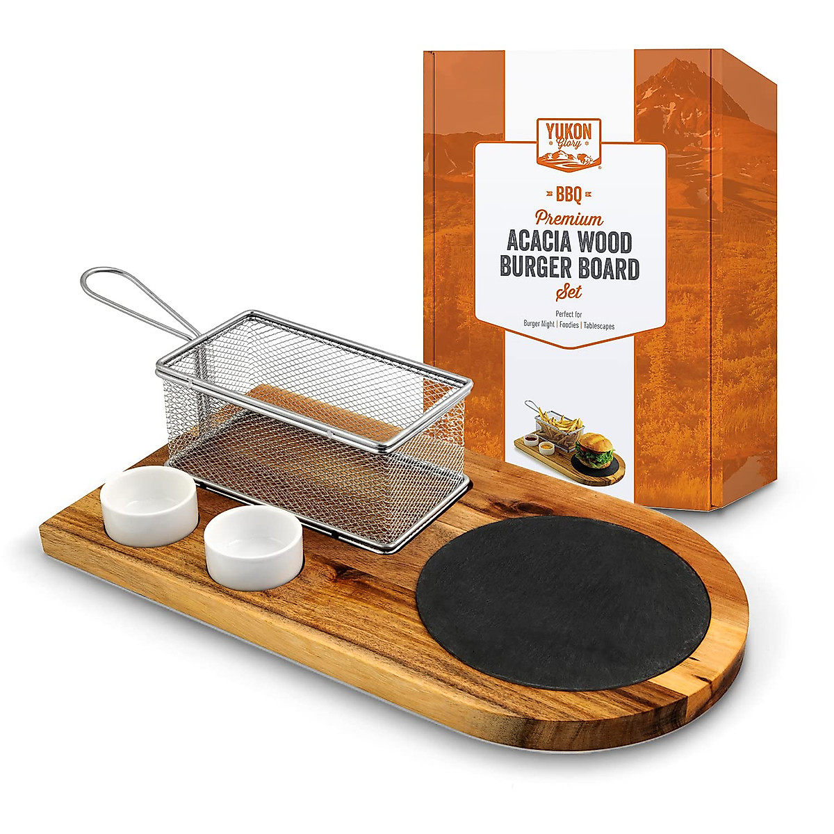 Yukon Glory™ Burger Serving Set, Perfect For Foodies, Burger Lovers and Tablescapes, Includes Premium Acacia Wood Board With Slate, Stainless Steel Fry Basket and Porcelain Condiment Cups,