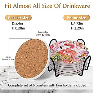 Pink Coasters for Drinks with Holder, Set of 6 Absorbent Ceramic Coaster, Tropical Flamingo Floral Style for Bar Wooden Coffee Tables, Cute Home Party Decor, Gift for Woman,4 Inches