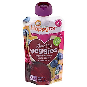 Happy Tot Love My Veggies Stage 4 Organic Toddler Food Banana Beet Squash & Blueberry, 4.22 Ounce Pouch Organic Baby Food/Toddler Food Pouches, Fruit and Veggie Blend, Full Serving of Vegetables