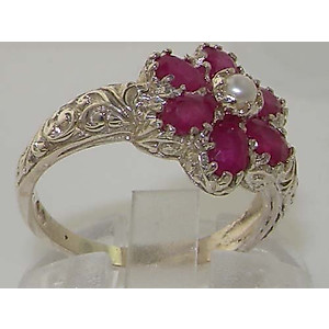 LetsBuyGold 925 Sterling Silver Cultured Pearl and Ruby Womens Anniversary Ring - Size 10.5