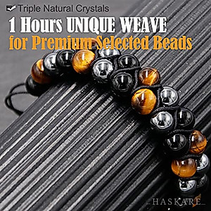 HASKARE Triple Protection Bracelet, Genuine Tigers Eye Black Obsidian and Hematite 8mm Beads Bracelet for Men Women, Crystal Jewelry Stone Bracelets Bring Luck and Prosperity and Happiness