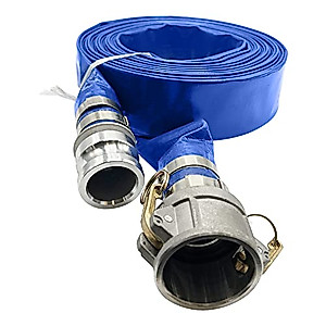 Poolzilla 1.5" x 100' Flat Industrial Blue PVC Backwash Hose with Aluminum Camlock with C & E Fittings, Heavy Duty Reinforced Pump Backwash Hose For Swimming Pools & Spas, 90 PSI Max Pressure