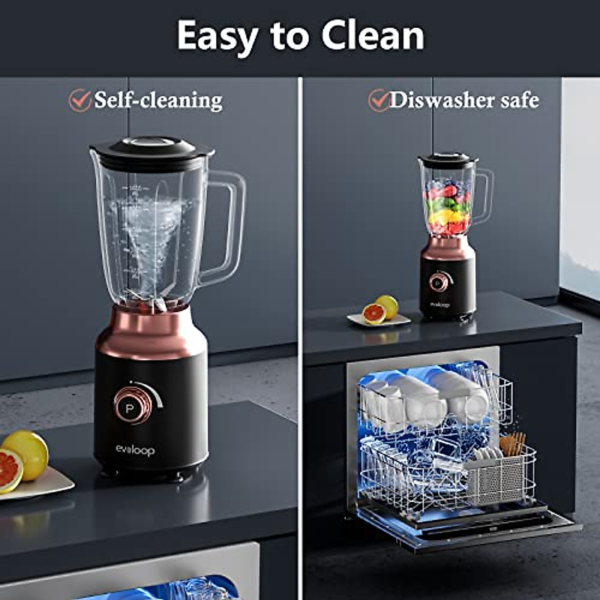 Evoloop Glass Blender, Countertop Blender, 750 Watt High Speed Smoothies Blender with 6 Blade System for Shakes, 50 oz Glass Jar, Self Cleaning