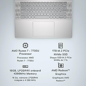 Dell 2023 Inspiron 16 5635 Business Laptop FHD+ 16" Display, AMD Ryzen 7 7730U Processor, 16GB LPDDR4x RAM, 1TB SSD, AMD Radeon Graphics, Backlit Keyboard, Type-C, Windows 11 Pro, Platinum Silver
