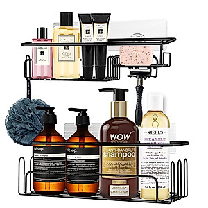 Smatorga Adhesive Shower Caddy with Hooks 2 Pack Shower Organizer Shelf, No Drilling Stainless Steel Bathroom Storage Rack for Inside Shower Shampoo Conditioner Holder,Black…