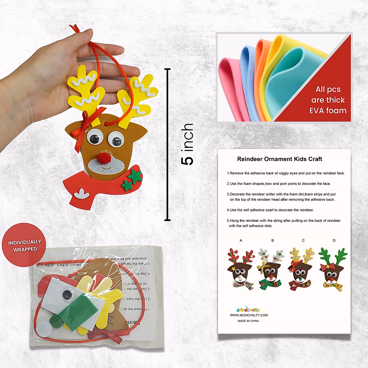 4E's Novelty Reindeer Christmas Ornament Craft for Kids (12 Pack) Updated Edition - Foam Bulk Arts and Crafts Kit for Kids Toddlers 4-8 DIY Craft Party Favor Activity Project