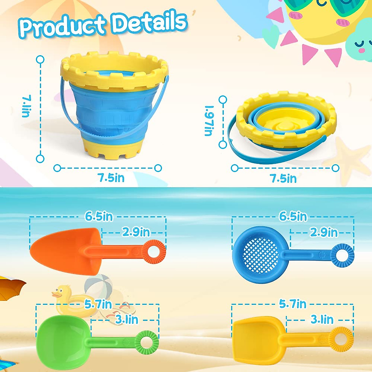 LNCOJOLM Collapsible Bucket Beach Bucket with Rake Spade Sifter Sandbox Toys, Foldable Sand Pail Shovel Castle Mold Garden Tool Kits for Digging Camping Fishing