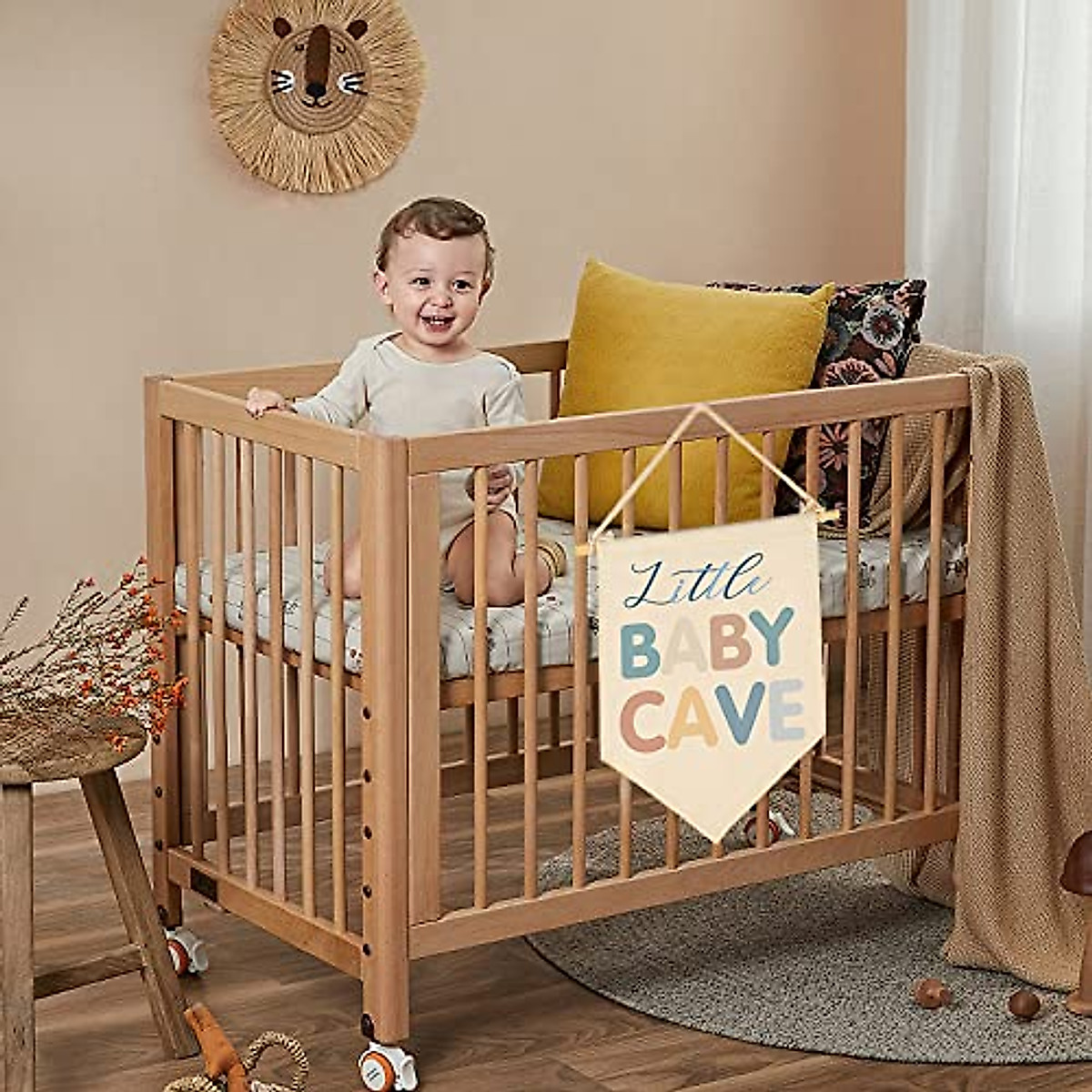 Baby Nursery Decor - Little Baby Cave - 16×12 Inch Nursery Decor Canvas Banner with Wood Hanger, Nursery Wall Decor for Newborn Bedroom, Nursery, Playroom, Classroom - Birthday Christmas Gift